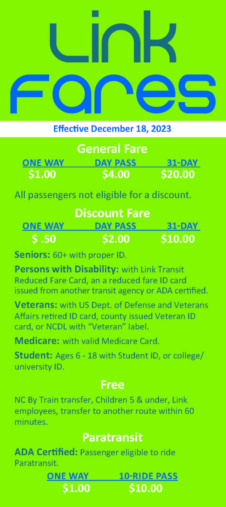 Link Transit > How to Ride > Fares